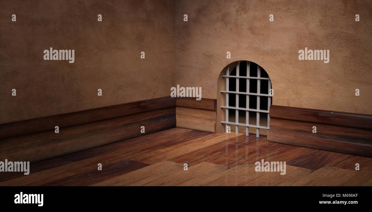 Trap, prison concept. Mouse hole with steel grid, empty room, copy ...