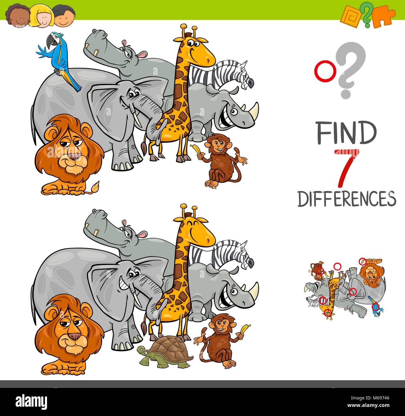 Cartoon Illustration of Finding Seven Differences Between Pictures Educational Activity Game for ...