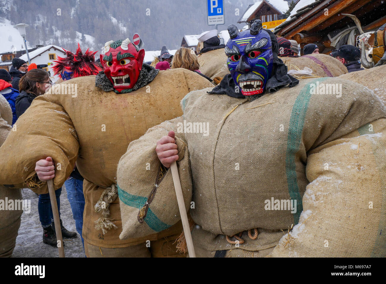 Traditional carnival in Evolene, Val d'Herens, Valais, Swiss Stock ...