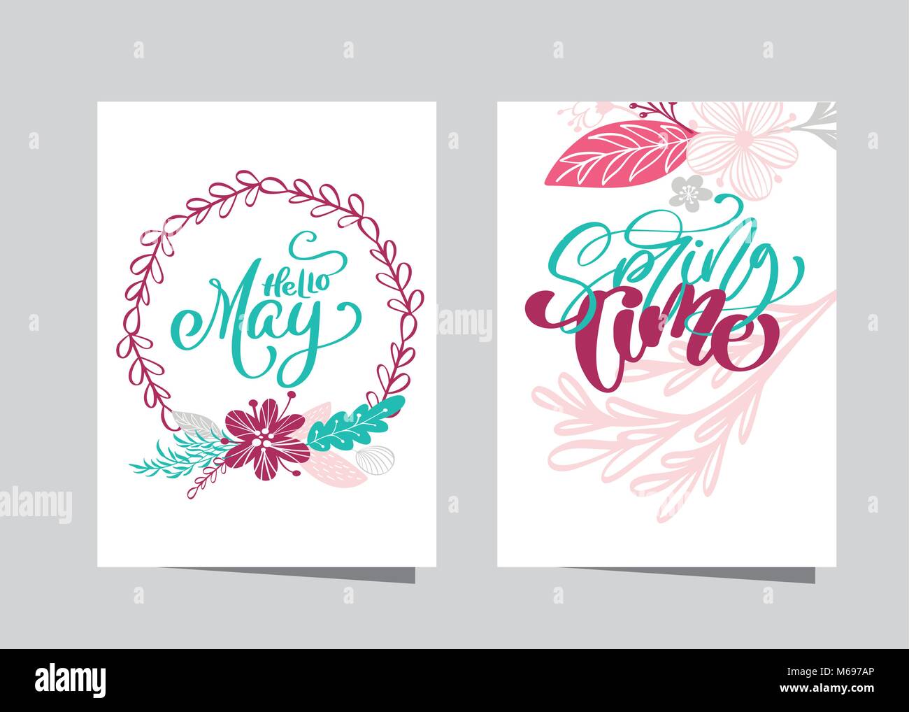 Hand drawn lettering Hello May in the round frame of flowers wreath and ...