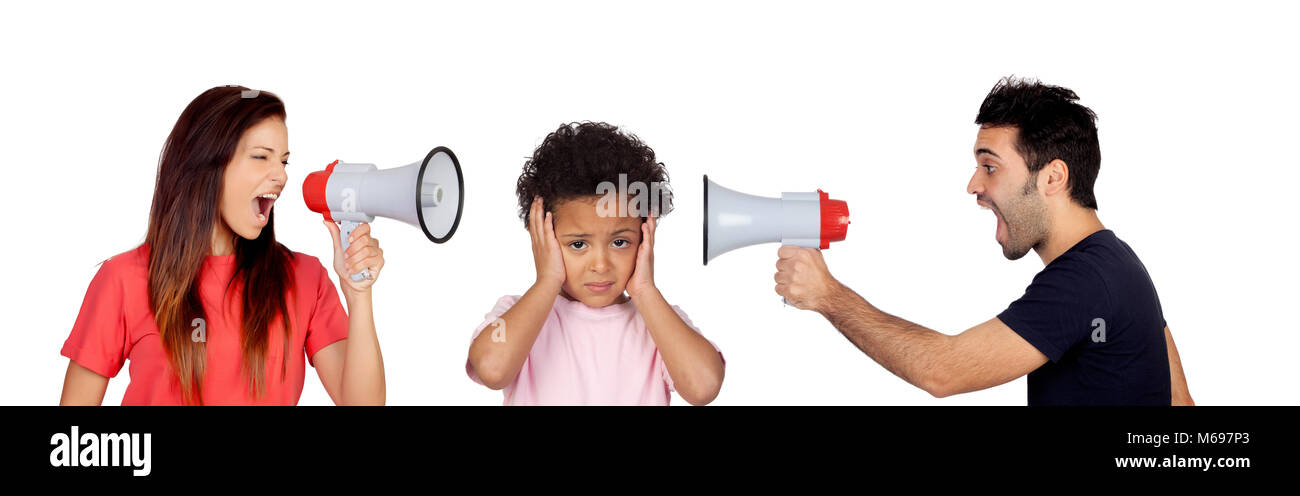 Sad child listening her parents shouting themself isolated on white ...