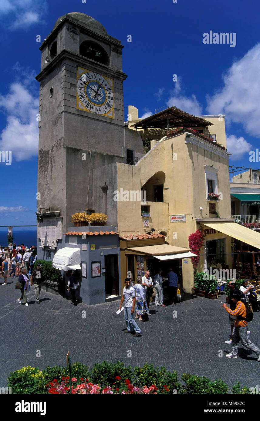 Capri town, belltower at Piazetta, Capri island, Italy, Europe Stock ...