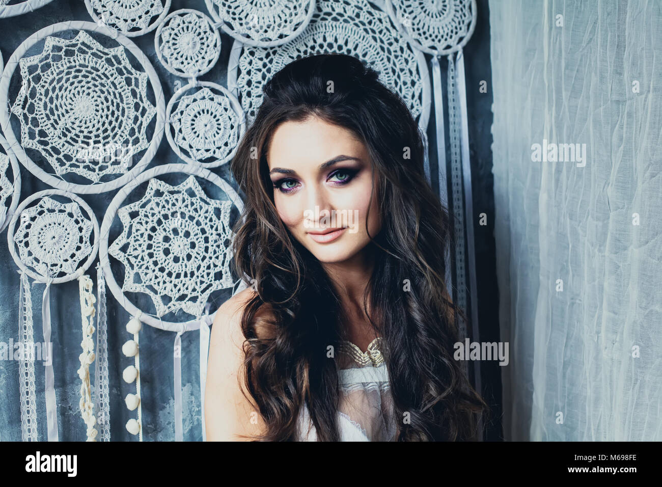 Perfect Female Model Face. Beautiful Woman with Wedding Hair on Retro ...