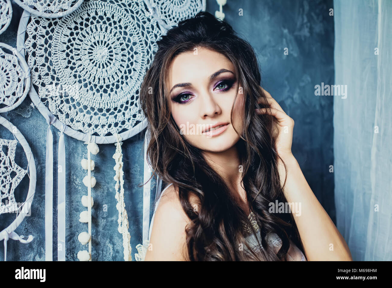 Beautiful Model Woman with Wavy Hair Boho Chic Style Portrait Stock ...