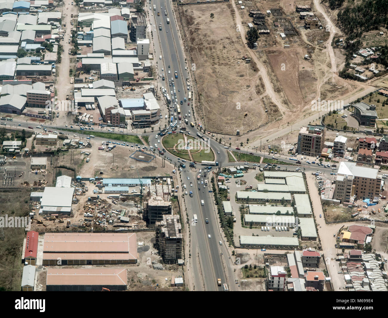 Aerial view of highway roundabout and buildings in Addis Ababa ...
