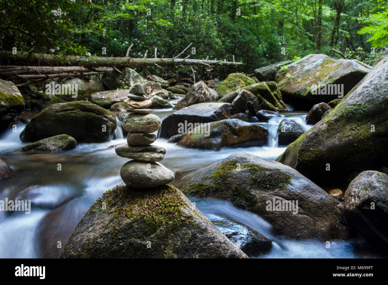 zen stones stacked in a rock filled stream in the forest Stock Photo ...