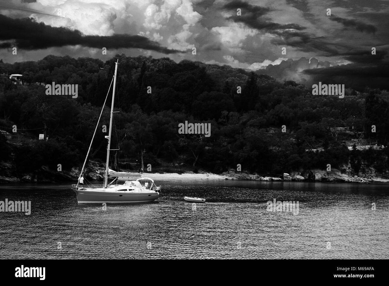 Boat on sea near Black and White Stock Photos & Images - Alamy