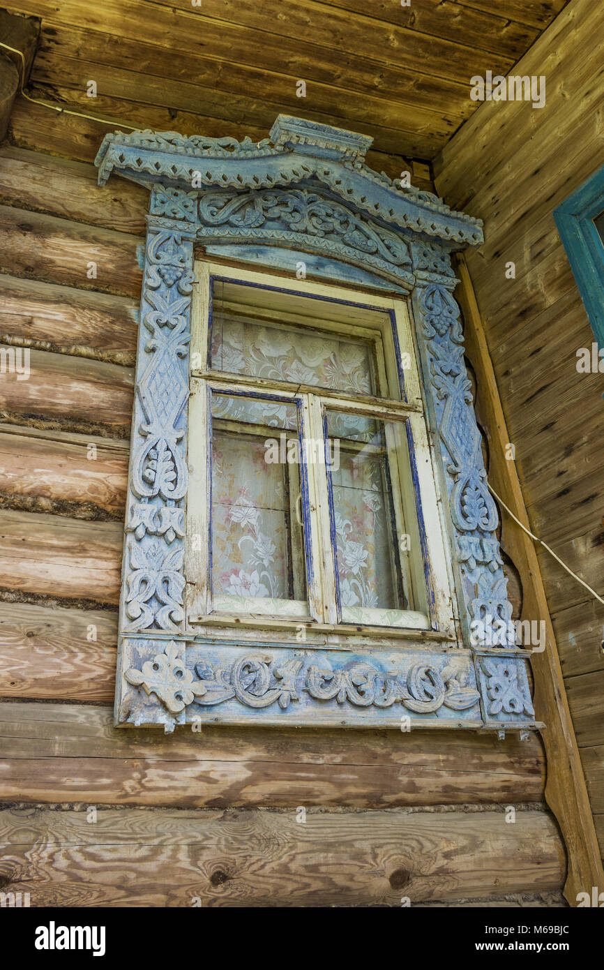 Old window of a village house with carved platbands Stock Photo - Alamy