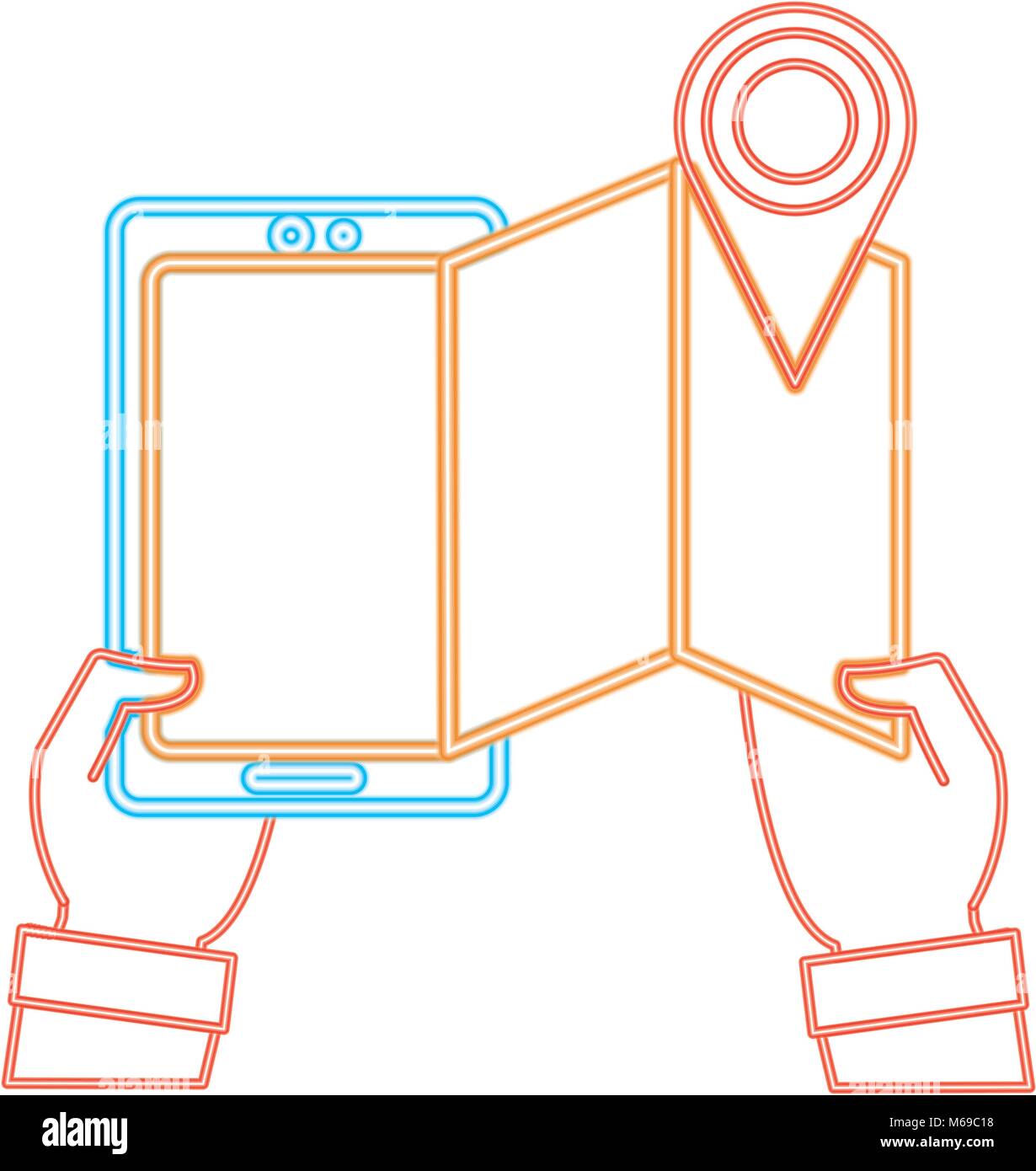 neon line man hands with smartphone with map and location symbol Stock ...