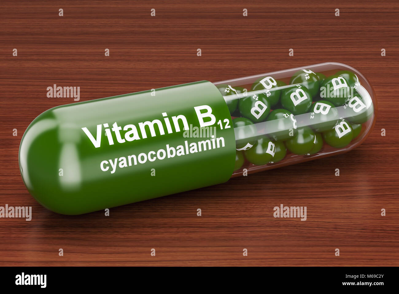 Vitamin capsule B12 on the wooden table. 3D rendering Stock Photo - Alamy