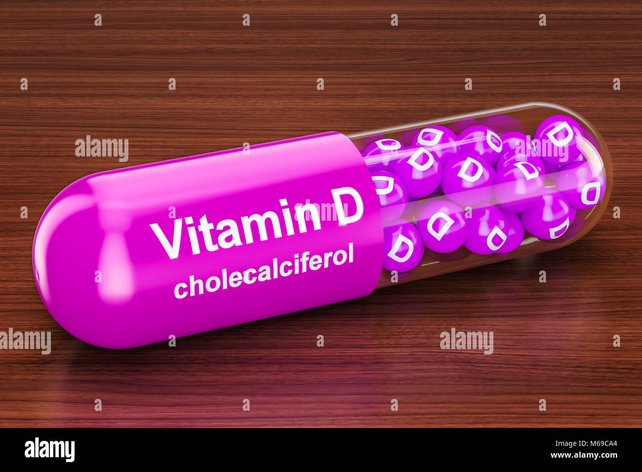 Vitamin D capsule on the wooden table. 3D rendering Stock Photo - Alamy