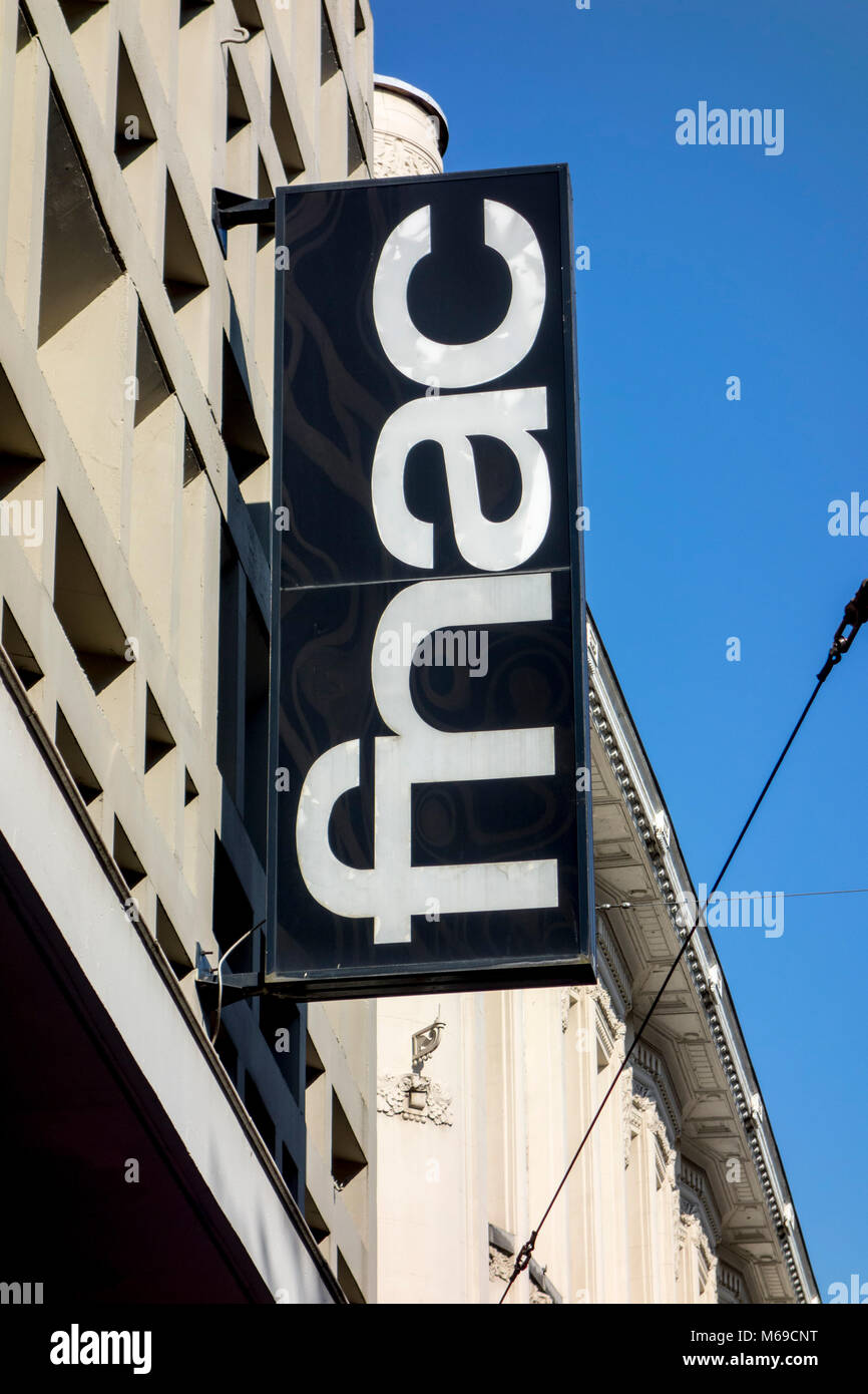 Shop sign showing logo of Fnac store, large French retail chain selling ...