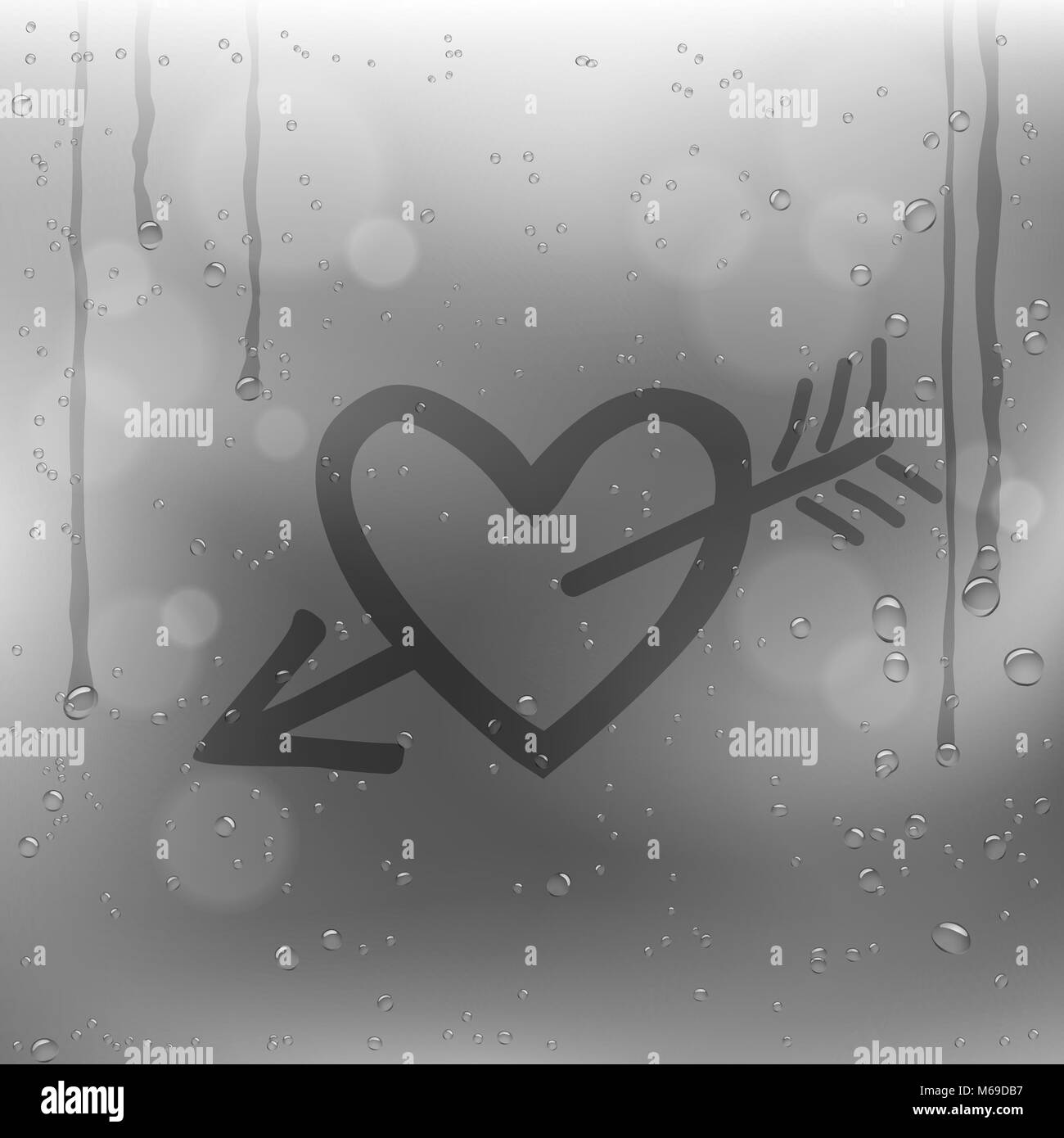 Cupid arrow heart draw on rainy window. Sadness romantic rain template ...