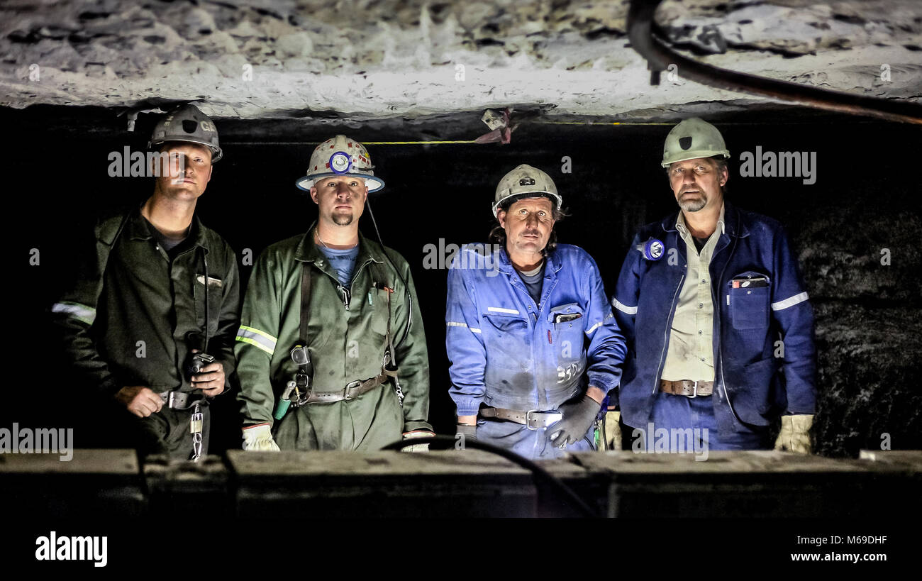 Four caucasian coal miners posing for a photo in underground mine ...
