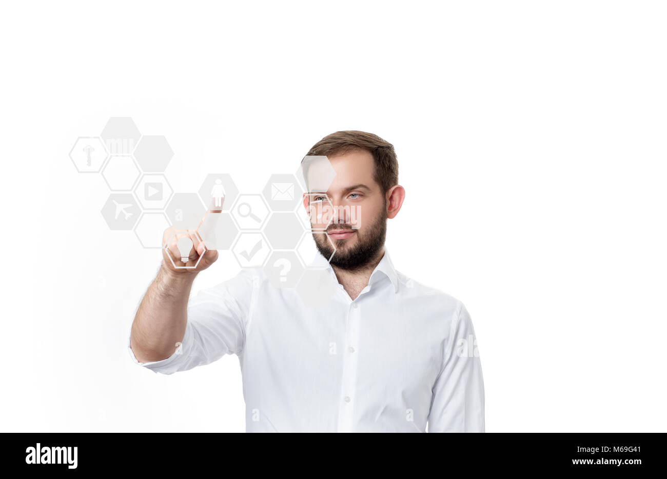 Business man touching icon of media screen. Man touch button icon ...