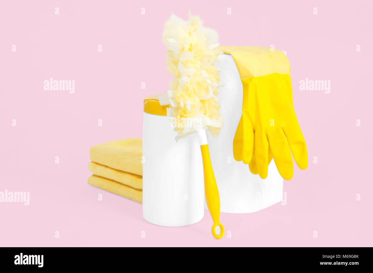 Cleaning supplies for housekeeping on faded pastel background Stock ...