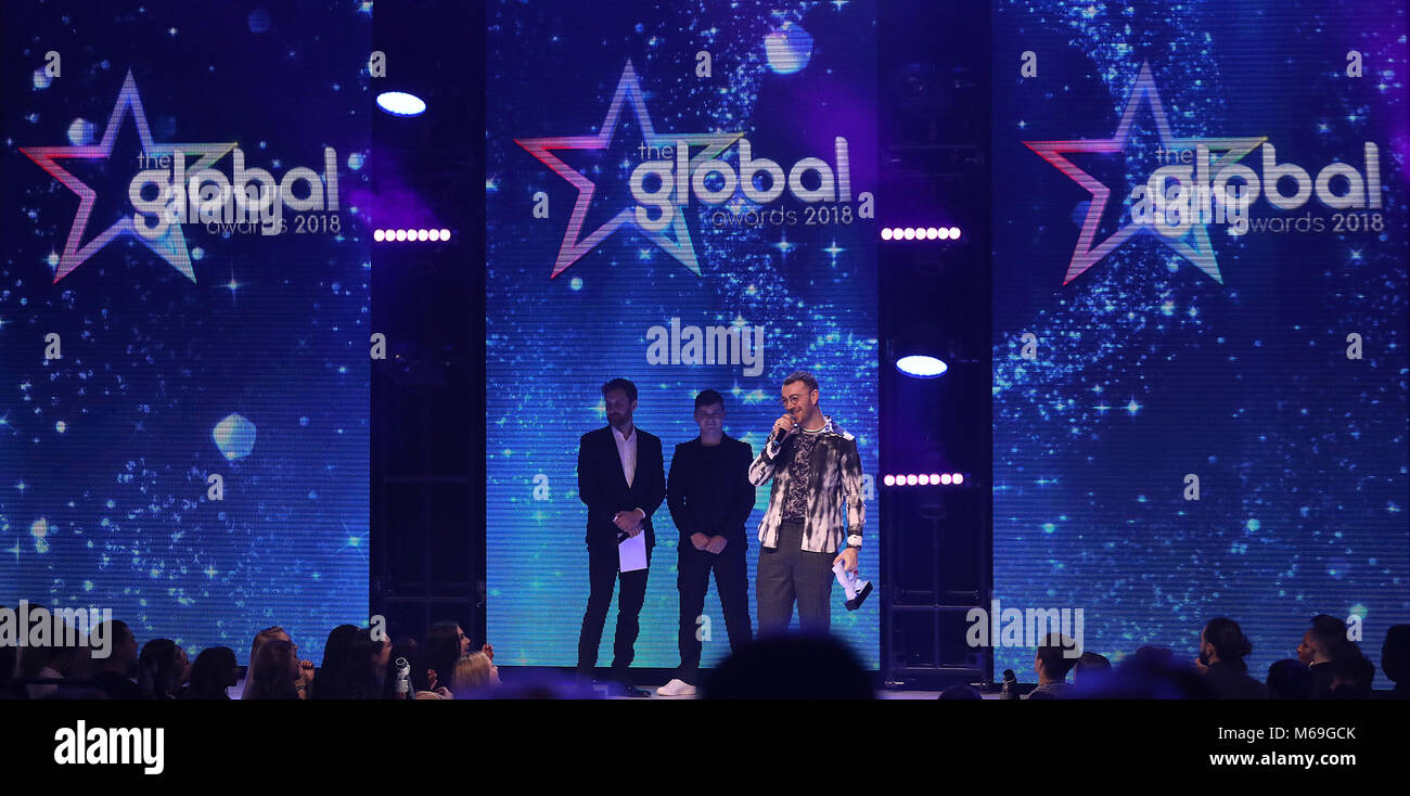 Sam Smith on stage during The Global Awards, a brand new awards show ...