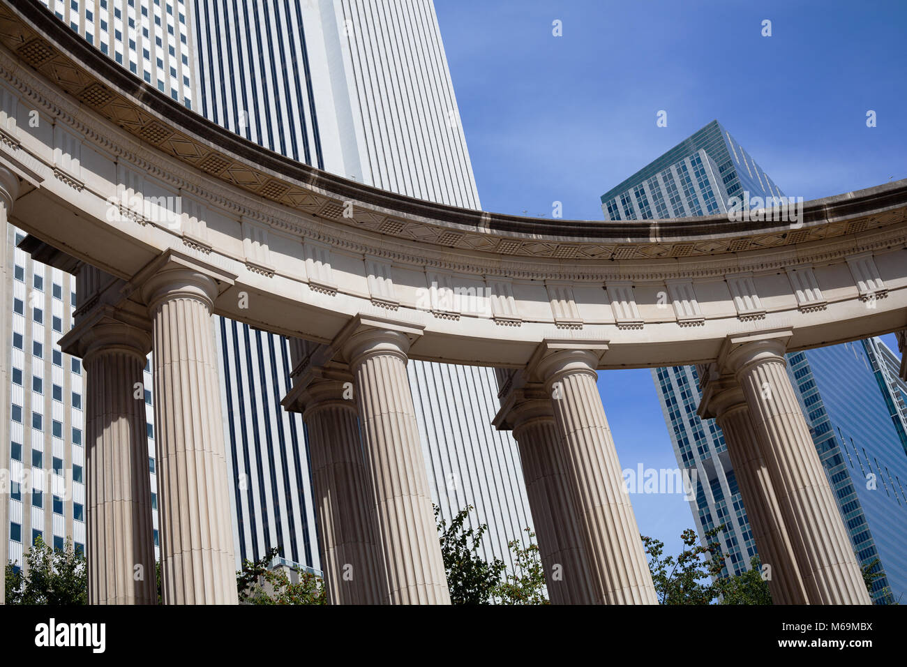 Close-up view of Millennium Monument with skyscrapers in background ...