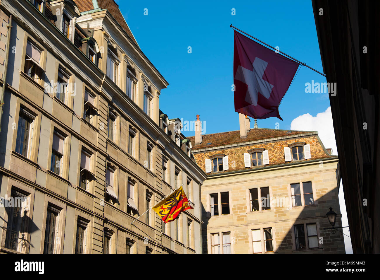 Flag of switzerland in the historic center, Old town, Genève Suisse ...