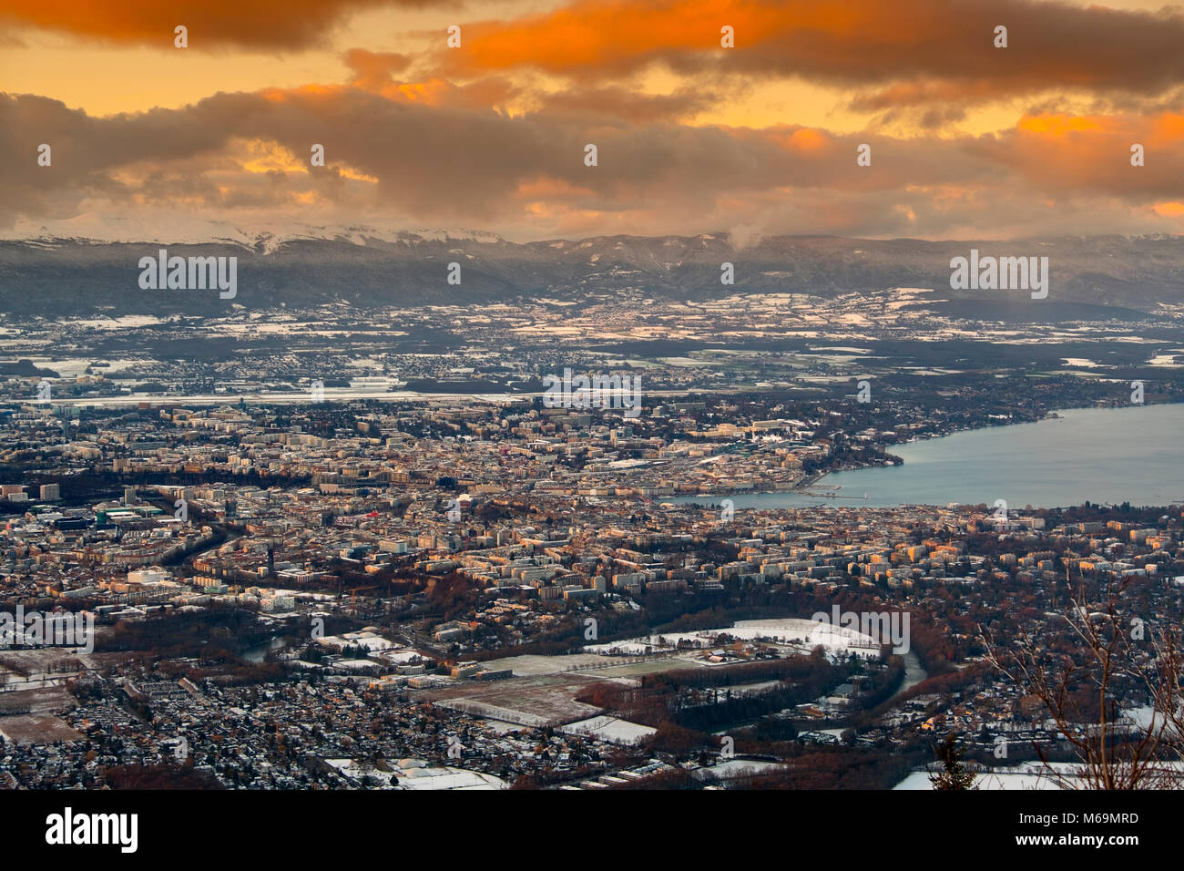 Panoramic view, snowy landscape of Geneva. Genève Suisse. Geneva ...