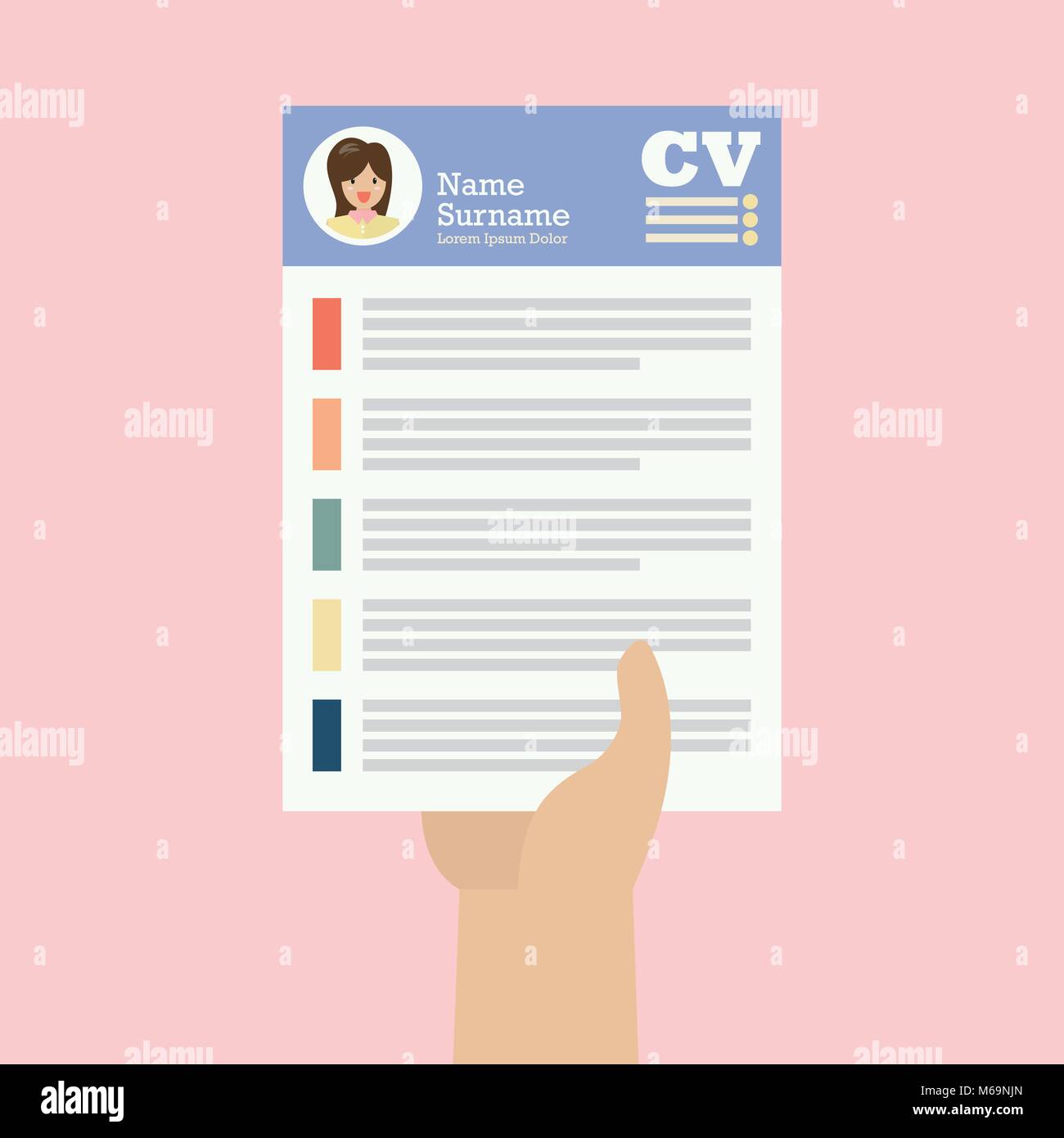 Woman hand holding CV application paper sheet . Flat style vector ...