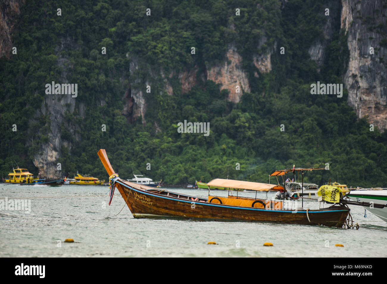 colored fishing boat near the pier and a small wooden boat. Big green ...
