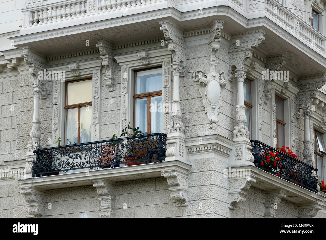 The ancient architecture of Vienna. Balconies from a residential ...