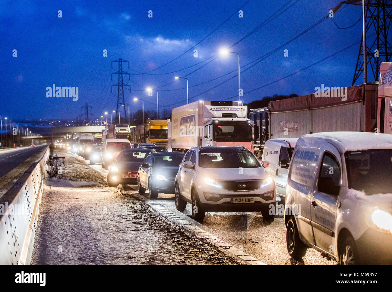 Traffic queueing to leave the M62 motorway ahead of junction 24 after ...