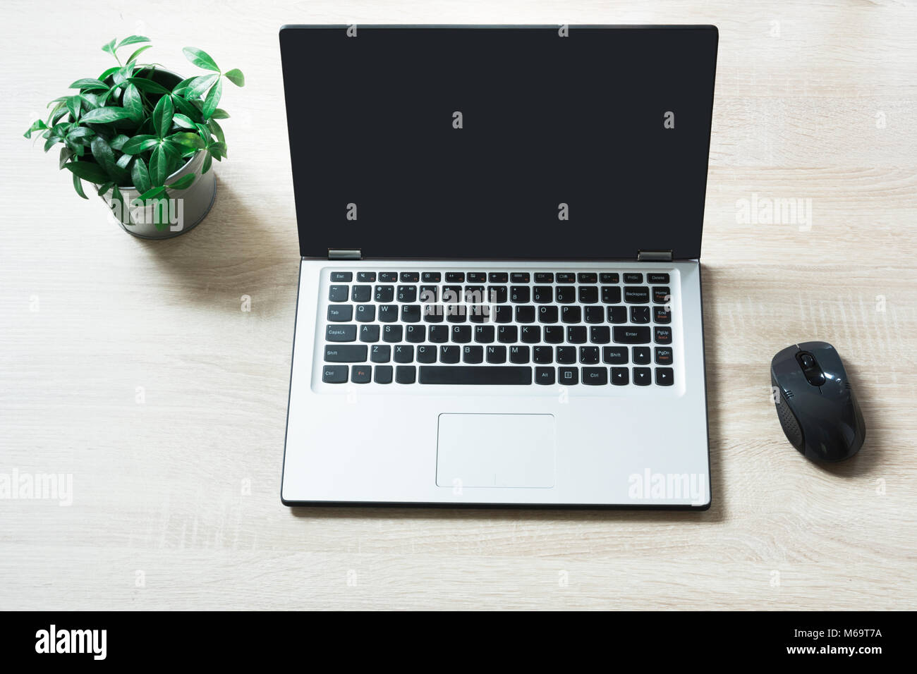 Open laptop on office wooden desk table. Top view with copy space Stock ...