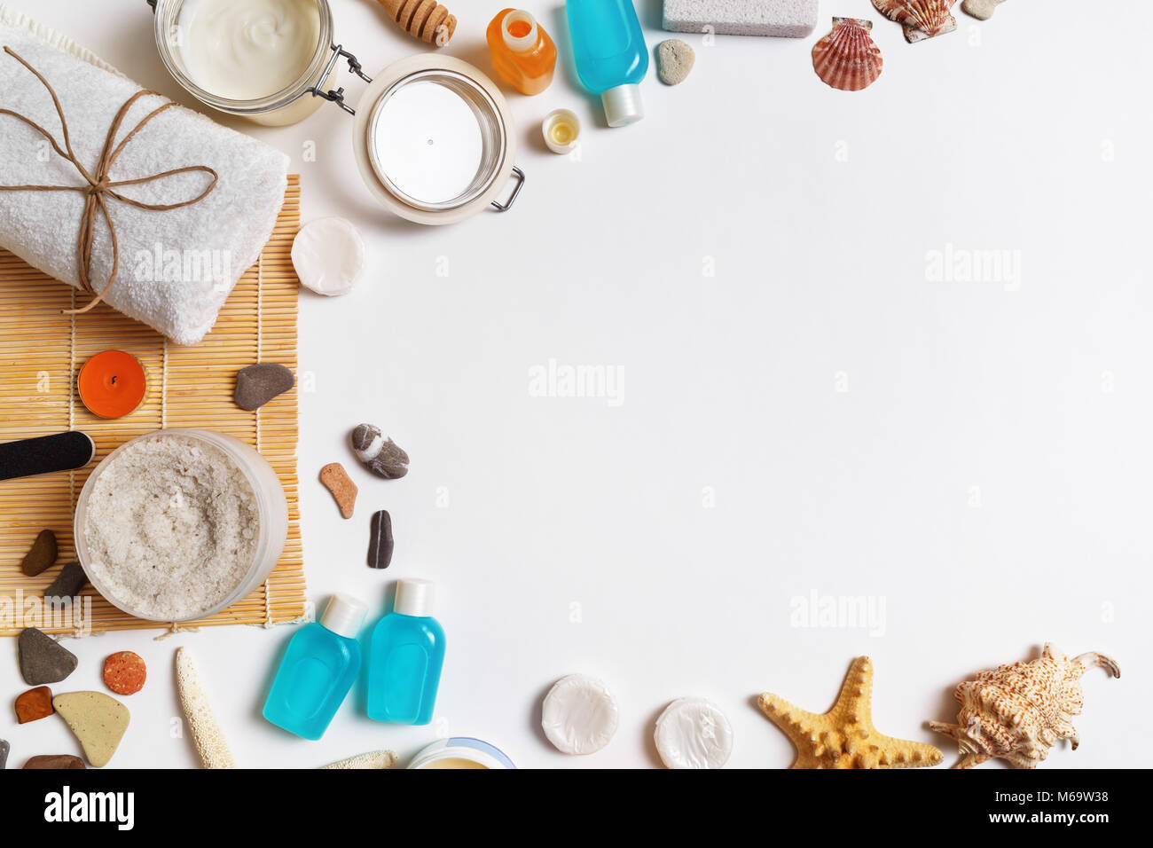 Spa cosmetic background. Treatment products on white paper background ...