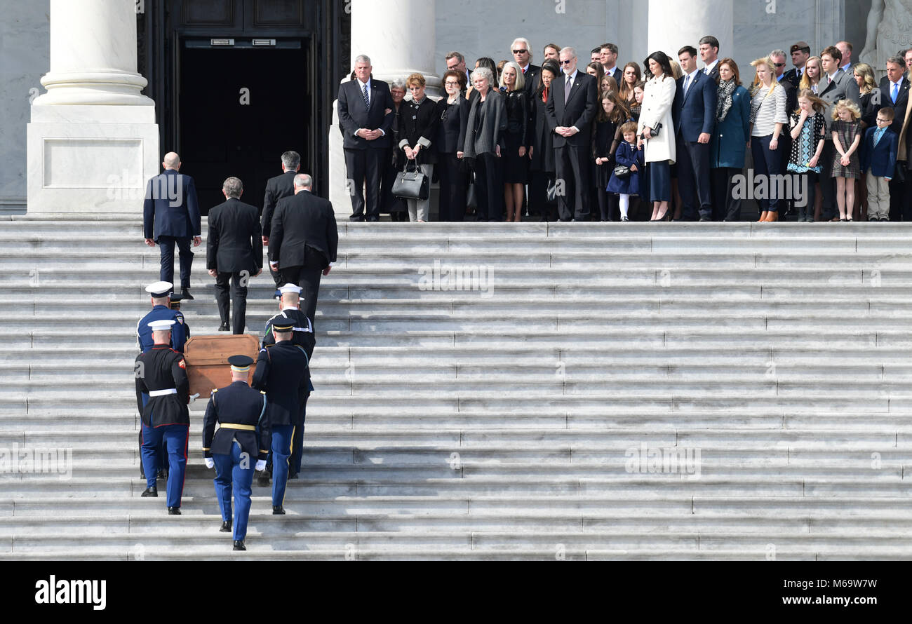 The family of Rev. Billy Graham watches as the casket of Rev. Billy ...