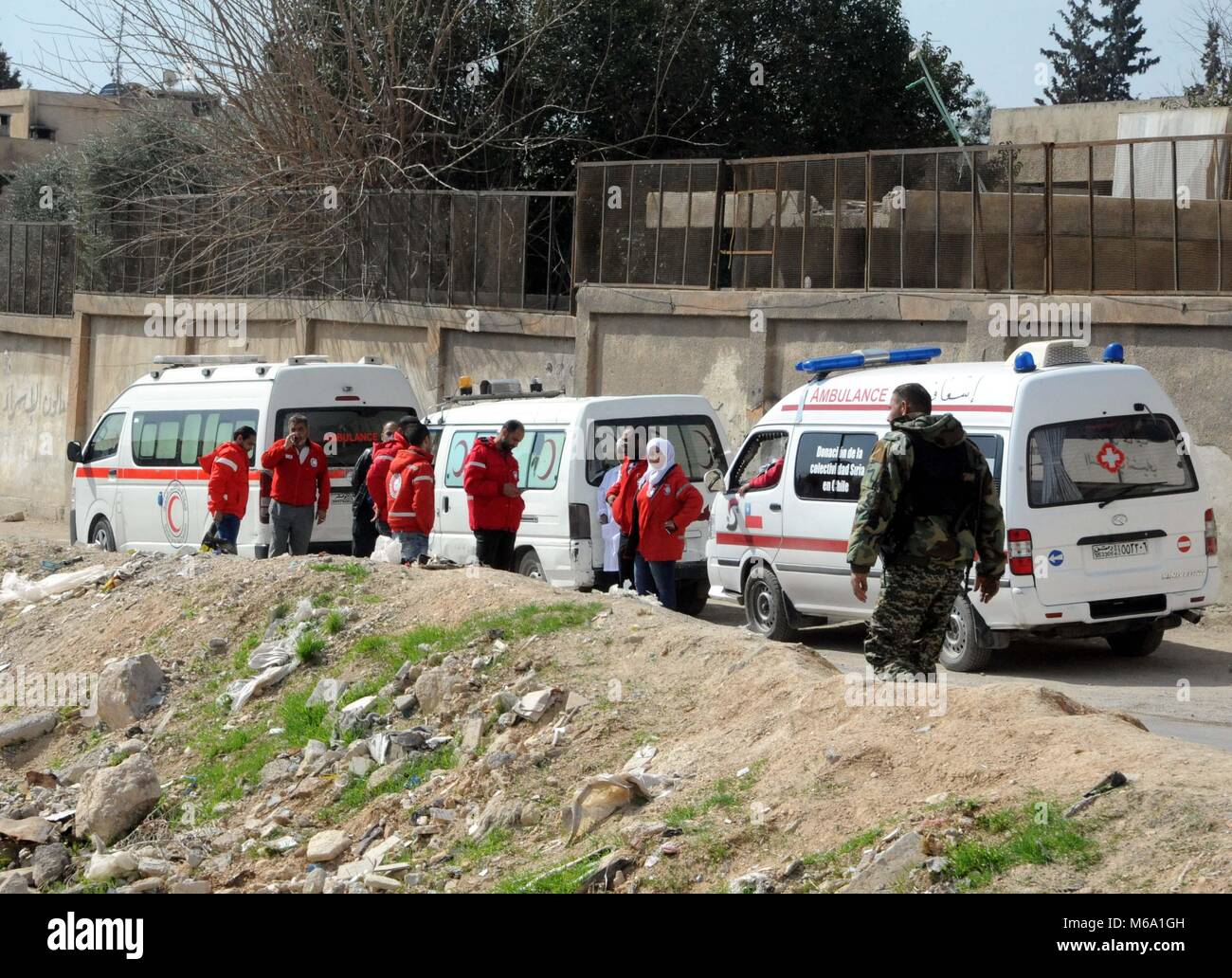 Damascus, Syria. 1st Mar, 2018. Syrian ambulances wait at a designated ...