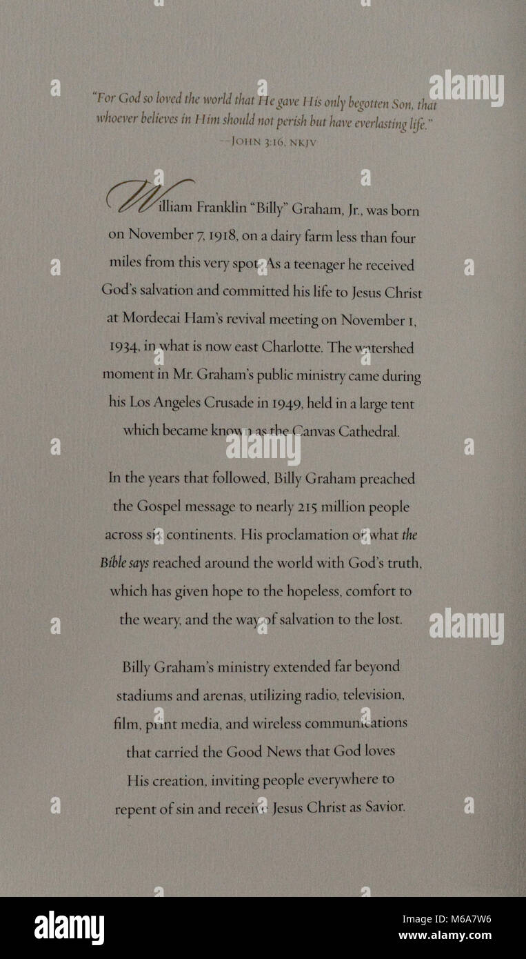 Charlotte, NC, USA. 2 March, 2018. Official funeral program for the ...