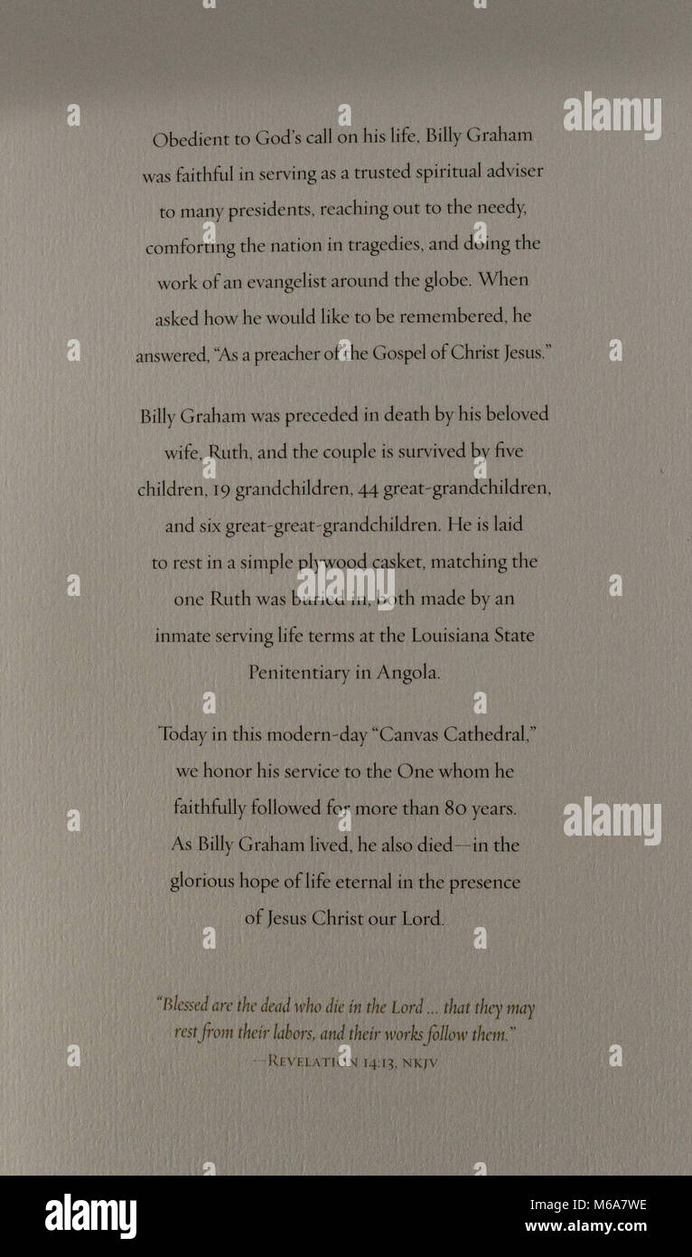 Charlotte, NC, USA. 2 March, 2018. Official funeral program for the ...