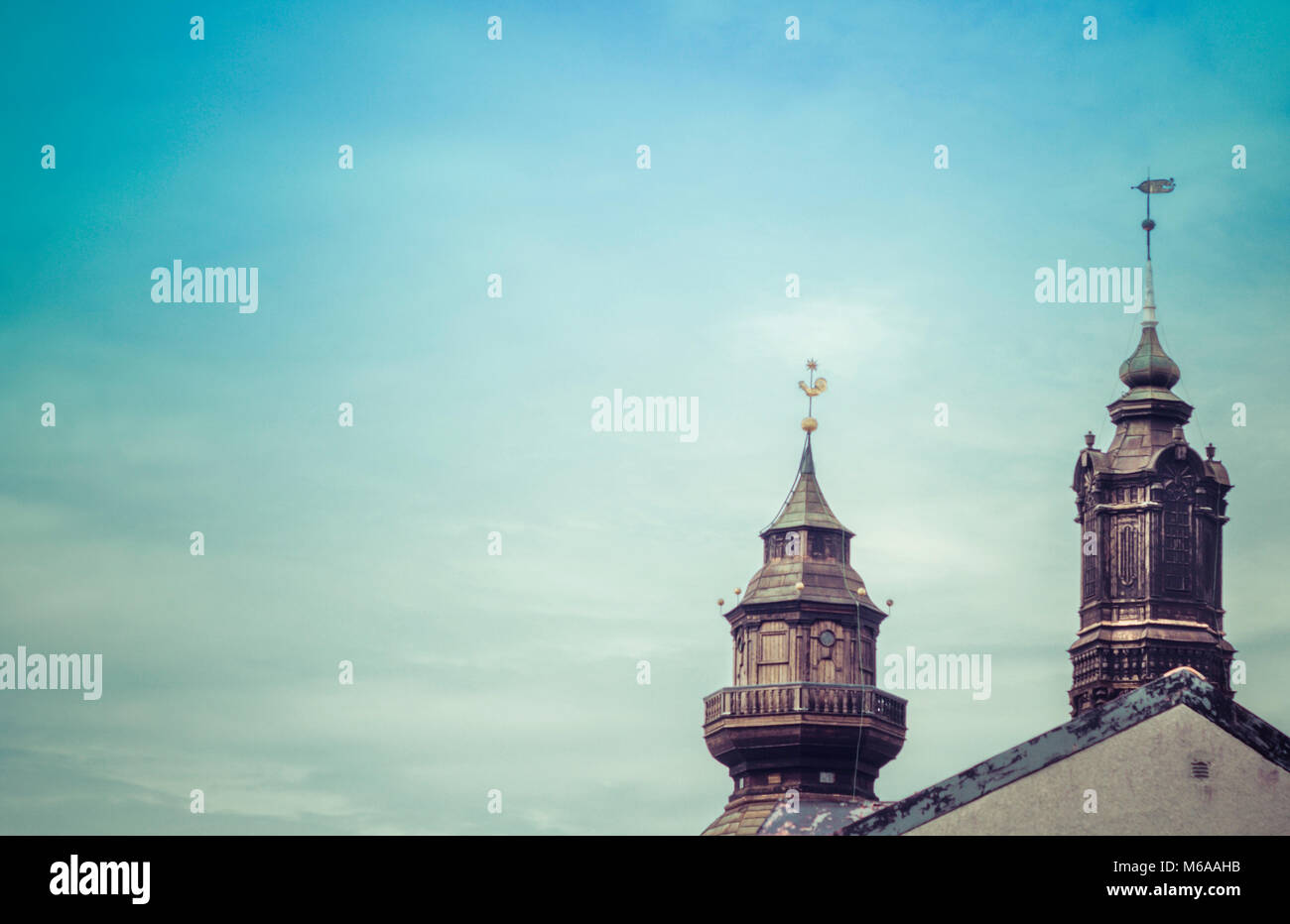 two church towers made of wood Stock Photo - Alamy