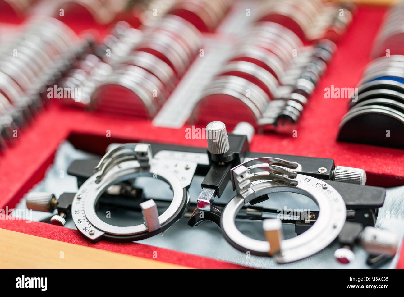 Close-up optometrist trial frame case. Box with different lenses and ...