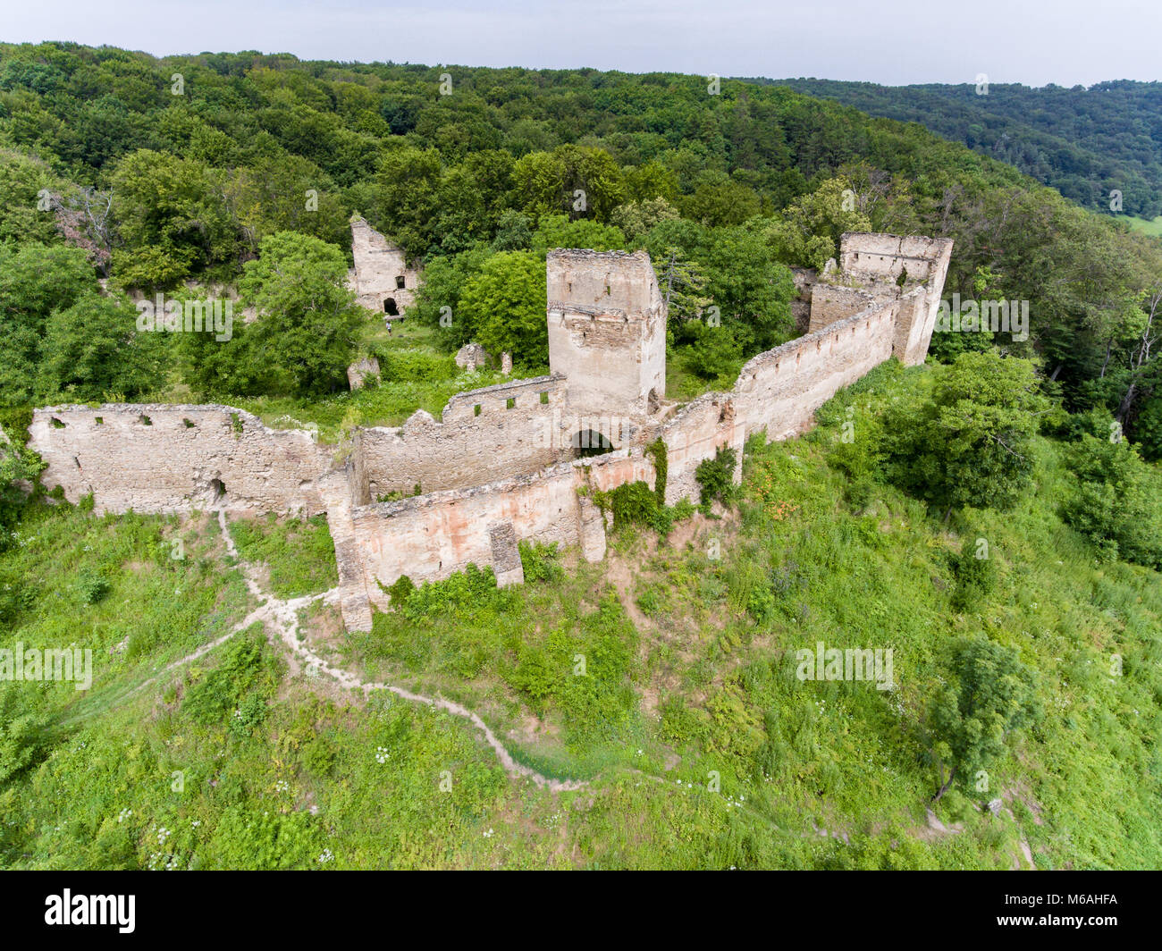 Aerial view of Saschiz fortress in Saschiz Saxon Village, Transylvania ...