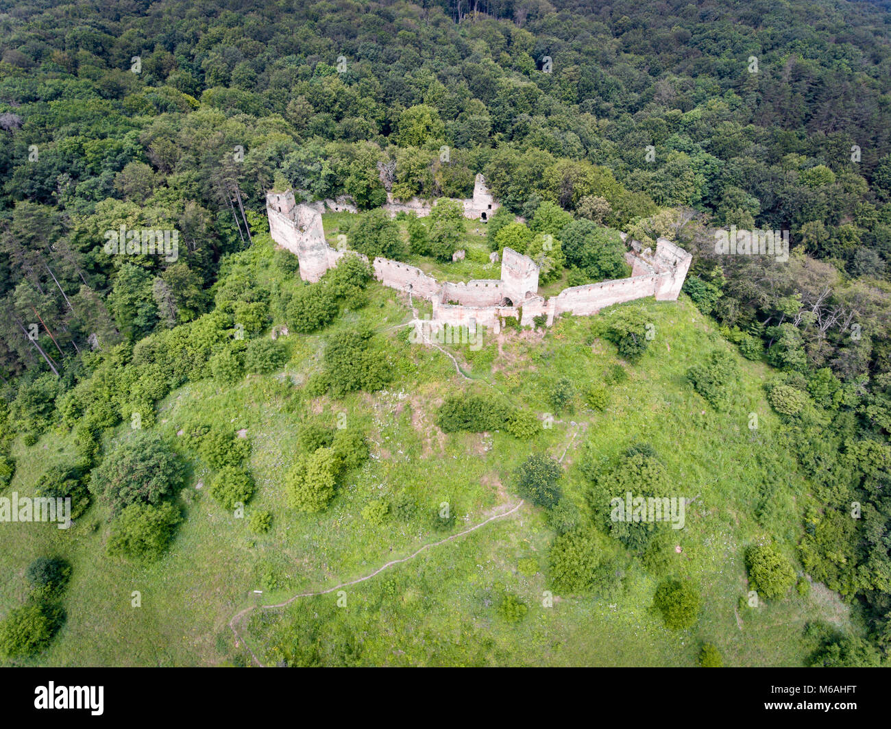 Aerial view of Saschiz fortress in Saschiz Saxon Village, Transylvania ...