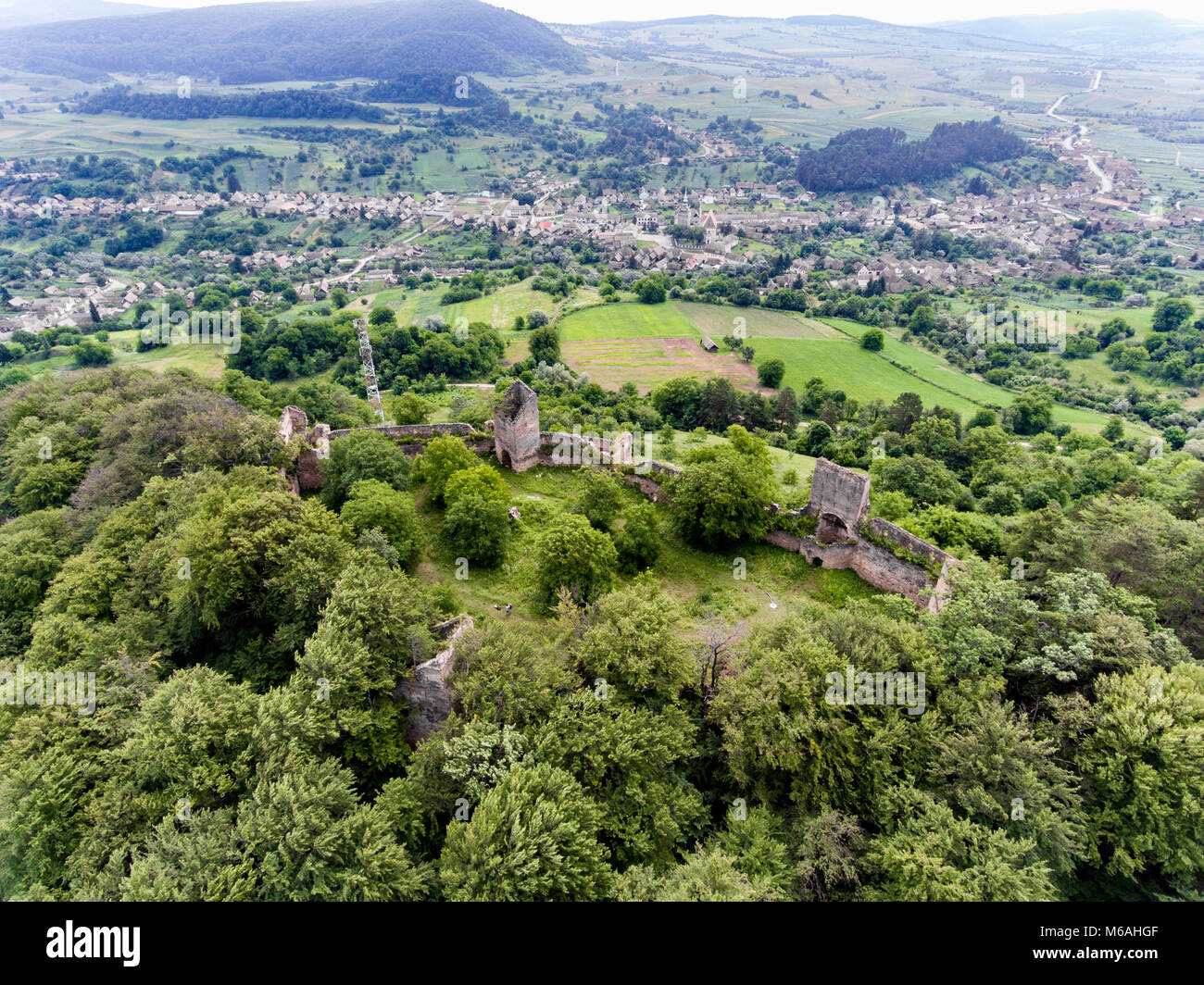 Saschiz medieval fortress fortress in Transylvania, Romania. Aerial ...