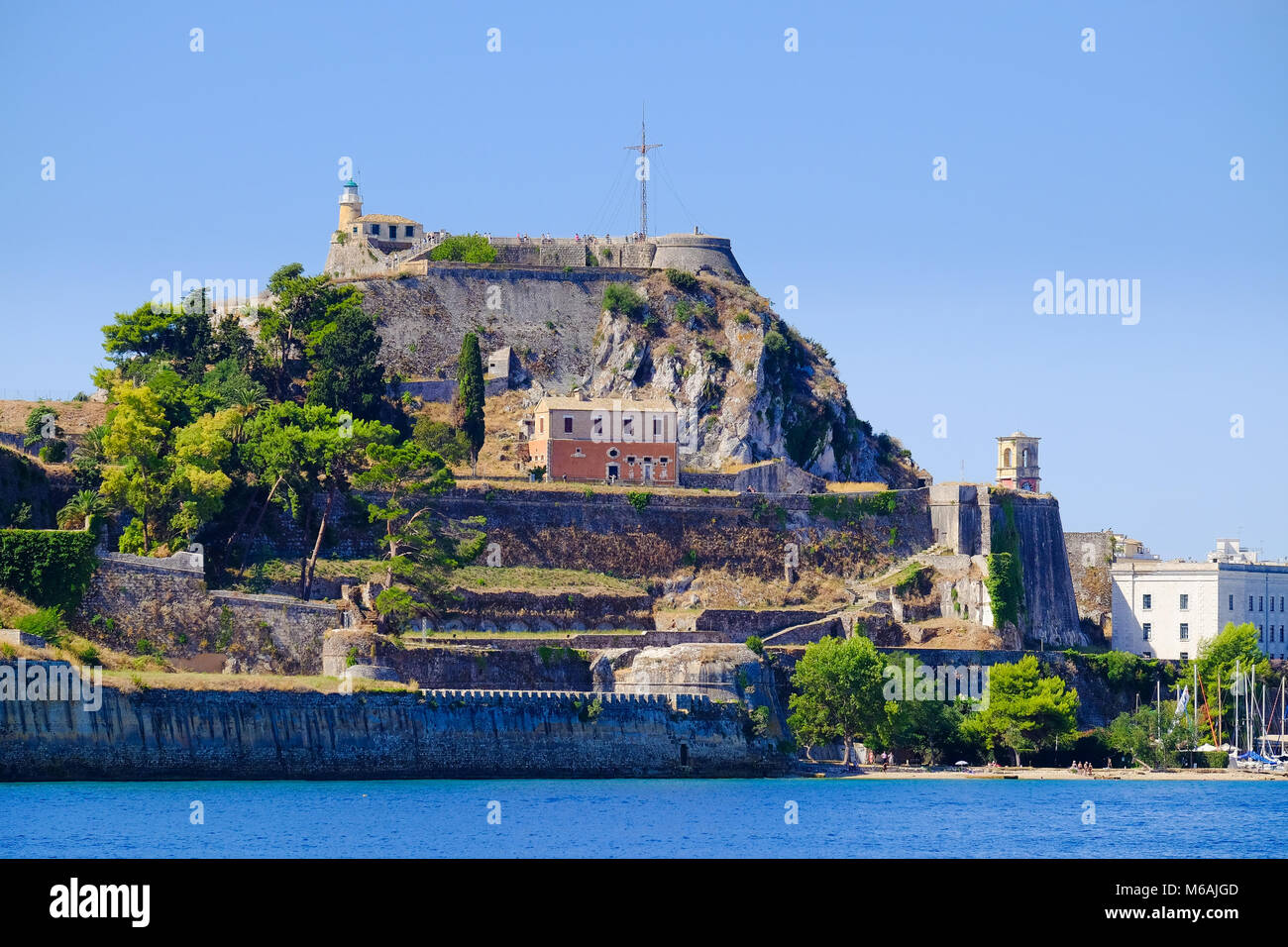 Corfu fortress walls as seen from the sea panoramic shot. Old Venetian ...