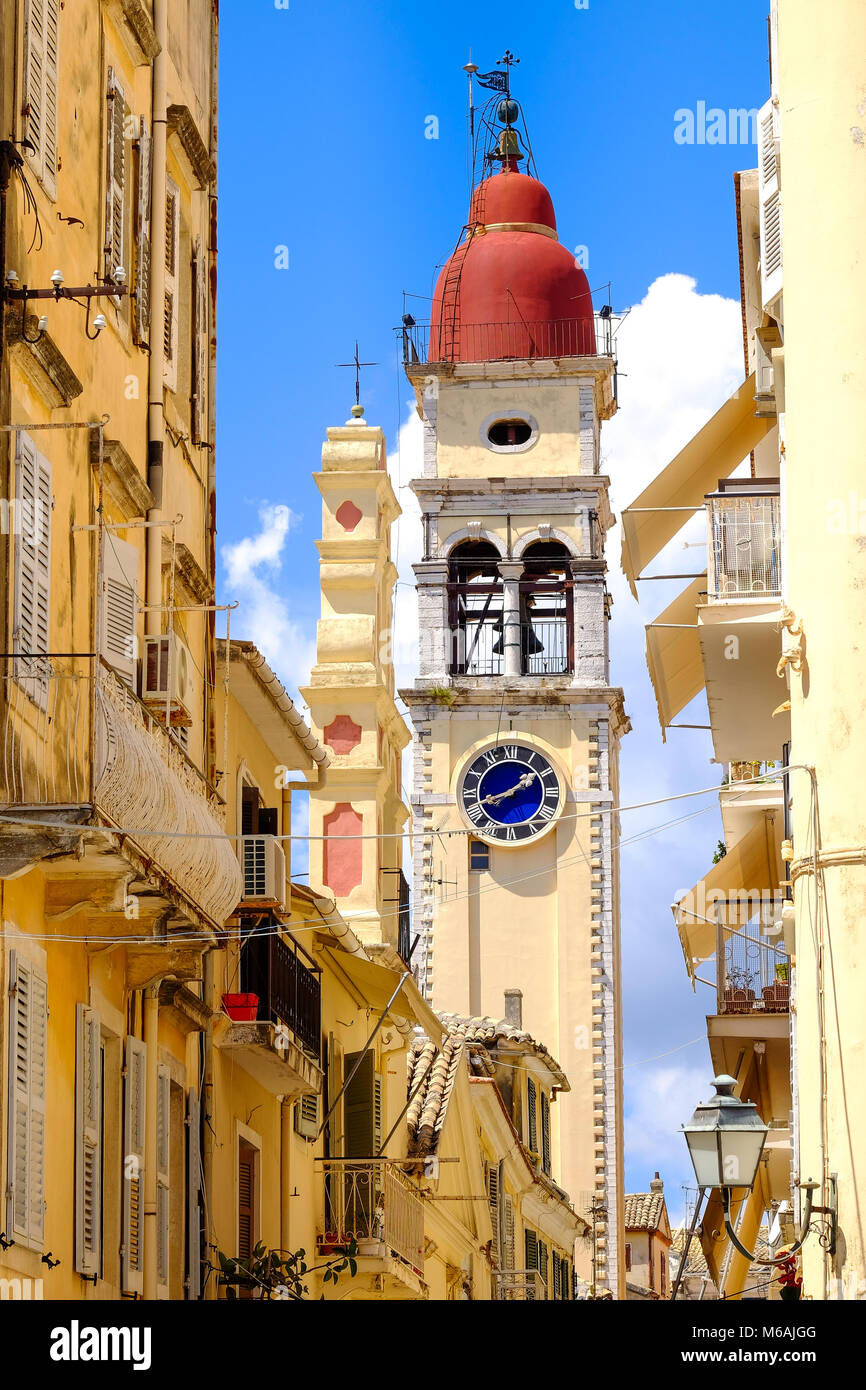 Corfu Town symbol and landmark. The old clock tower in the old city ...