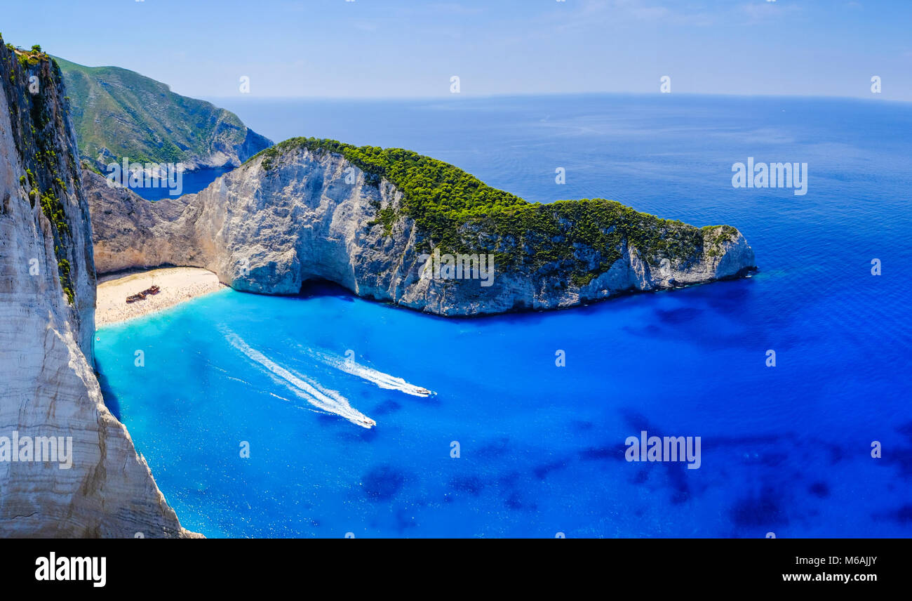 Zakynthos shipwreck beach. Navagio Bay panorama. Blue water. Touristic ...