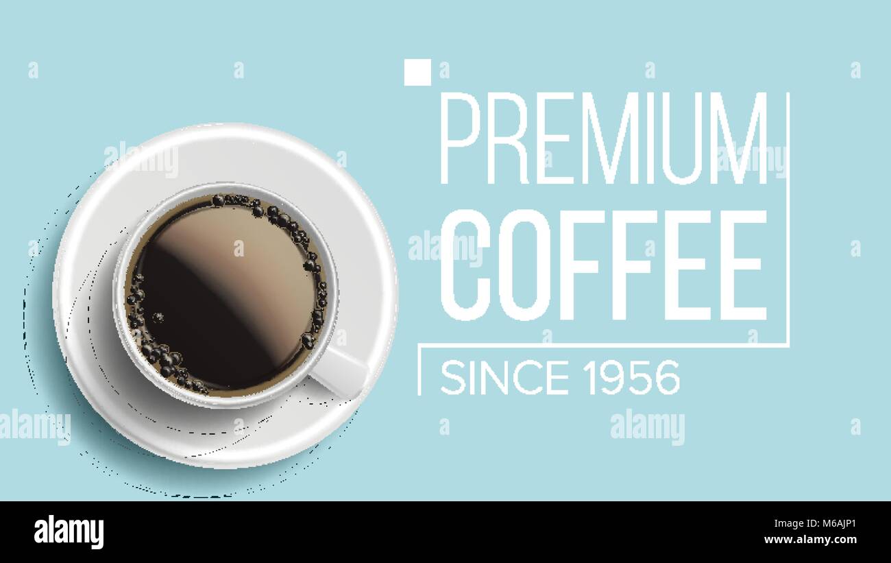 Premium Coffee Background Vector. Blue Backdrop Top View. Realistic ...