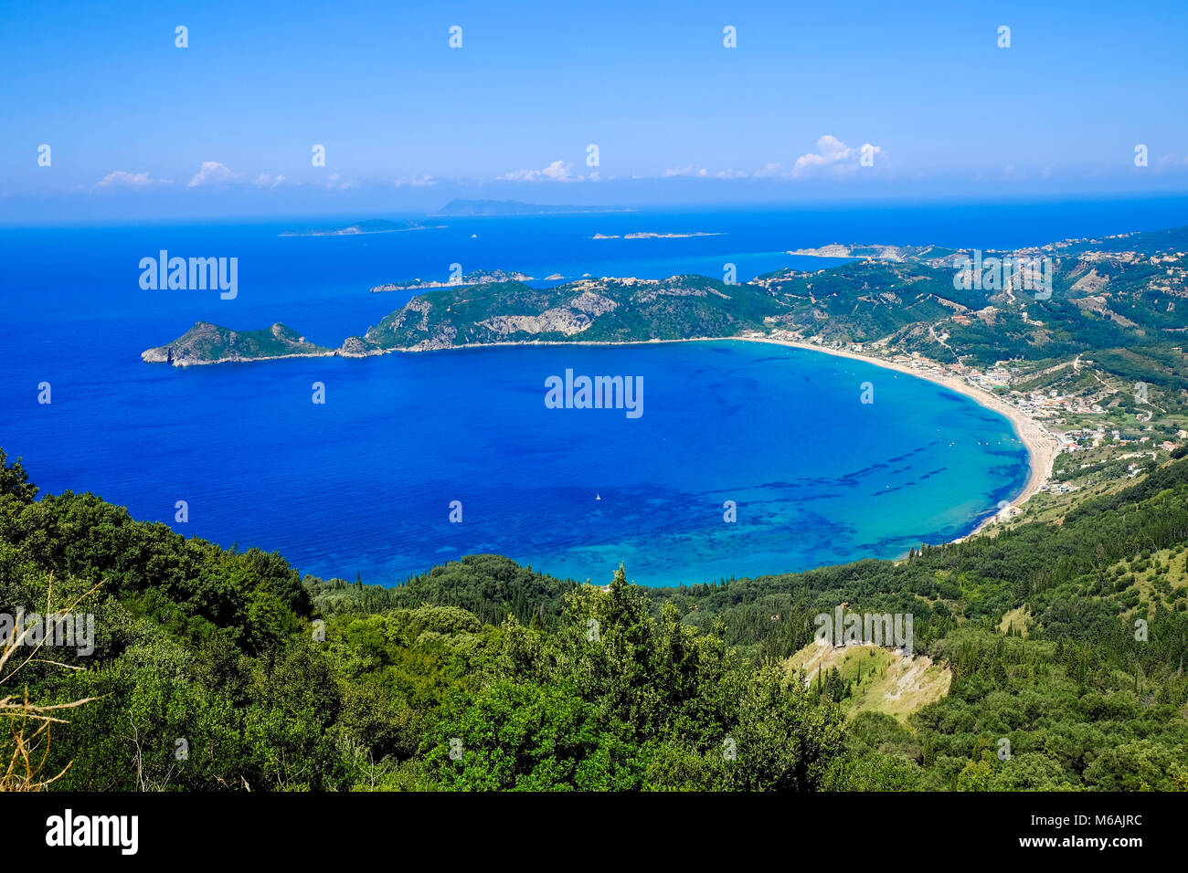 Corfu island panorama from above. Corfiot beach coastline birds eye ...