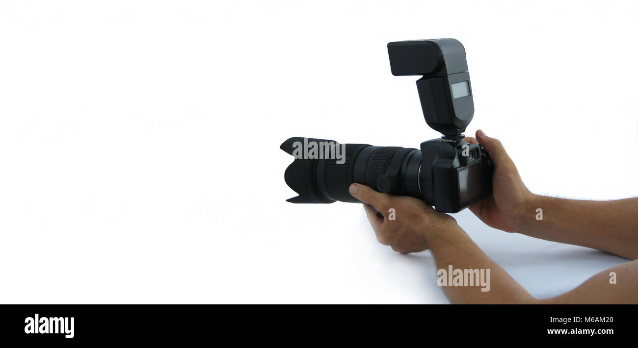 man hands using DSLR professional phoo camera isolated on white ...