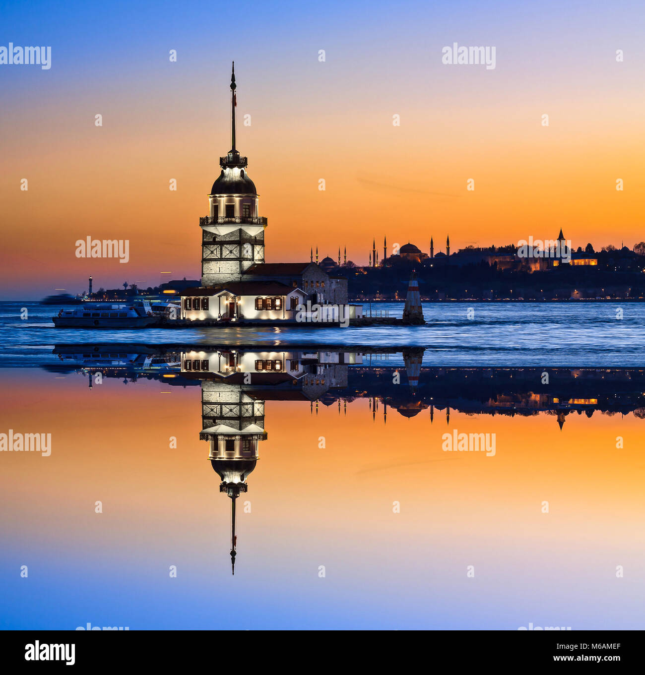Maiden Island Istanbul, at sunset, panoramic view over Bosphorus with ...