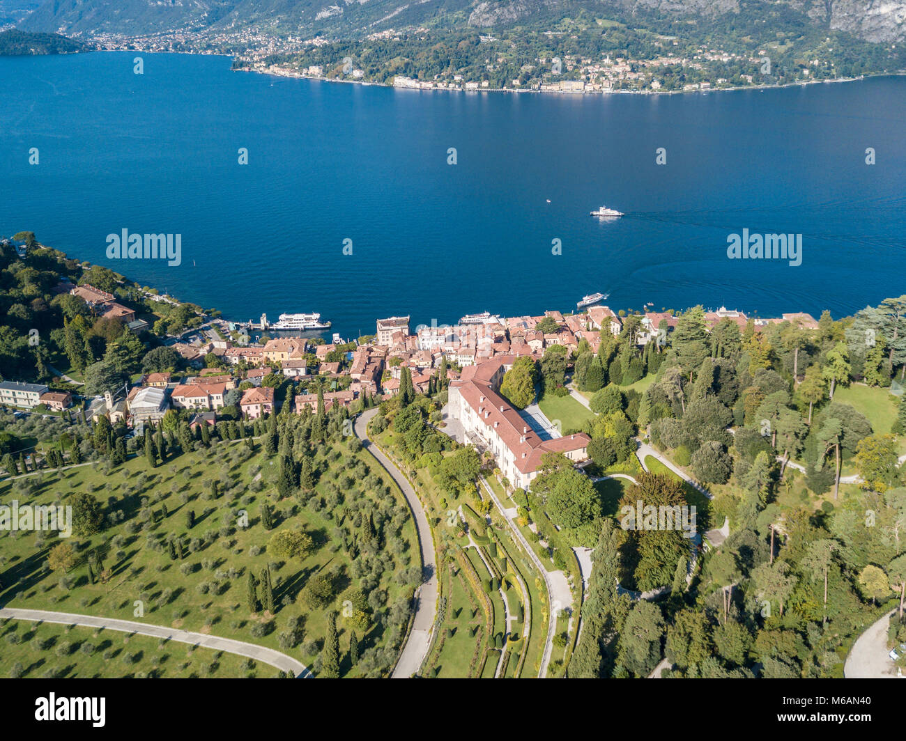 Aerial view of gardens and villas of of Bellagio overlooking Lake Como, Province of Como ...