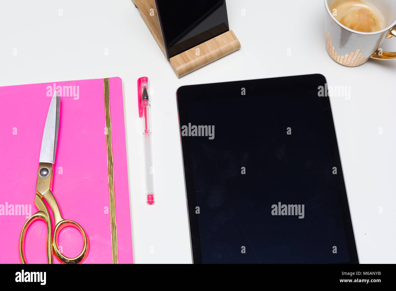 Office desk top view of modern workspace for project template Stock ...
