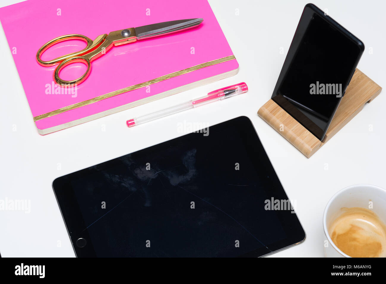 Office desk top view of modern workspace for project template Stock ...