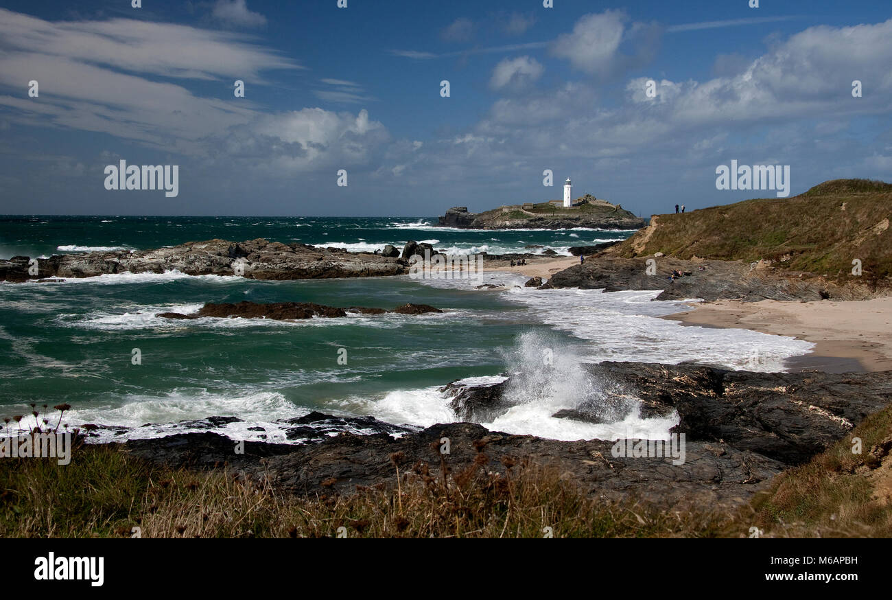 Godrevy lighthouse situated on the north coast of Cornwall, England, UK ...